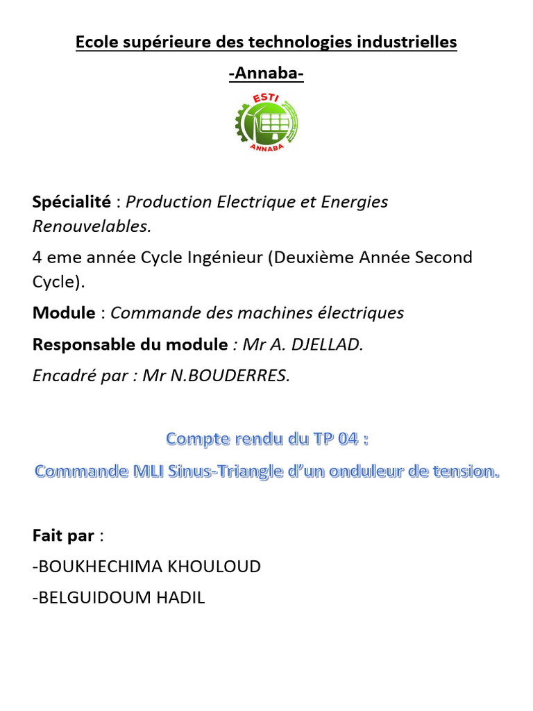 TP Commande MLI SINUS TRIANGLE D'un Onduleur de Tension | PDF | Onduleur | Électrotechnique