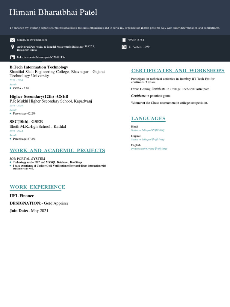 HIMANI Resume | PDF | Gujarat