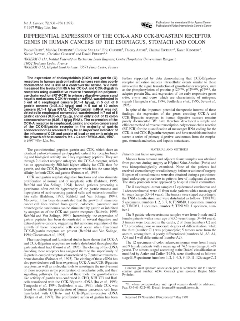 Differential Expression of The Cck-A and Cck-B:gastrin Receptor Genes in Human Cancers of The ...