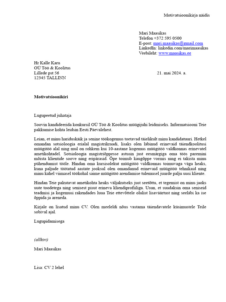 Motivatsioonikirja näidis_müügijuht_Mari Maasikas | PDF