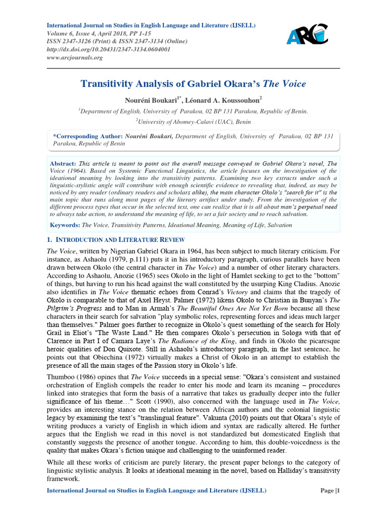 Transitivity Analysis of Gabriel Okara S | PDF | Intention | Subject ...