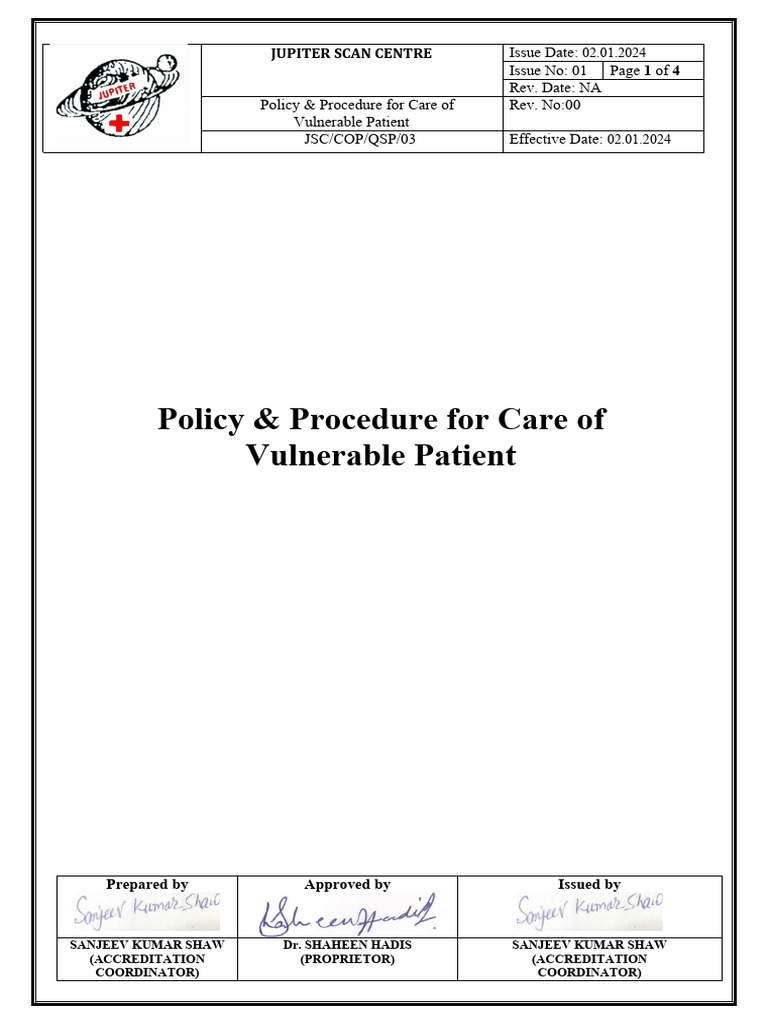 QSP 03 Procedure For Care of Vulnerable Patient | PDF | Nursing | Patient