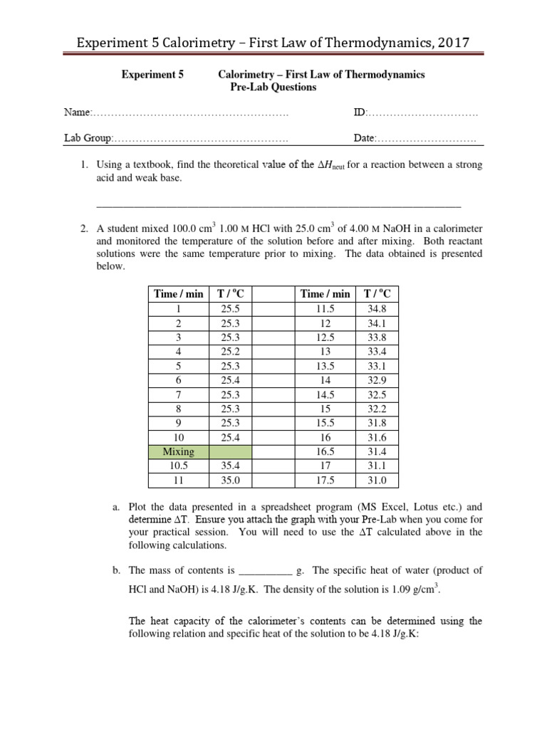 Experiment 5 Calorimetry - First Law of Thermodynamics | PDF ...