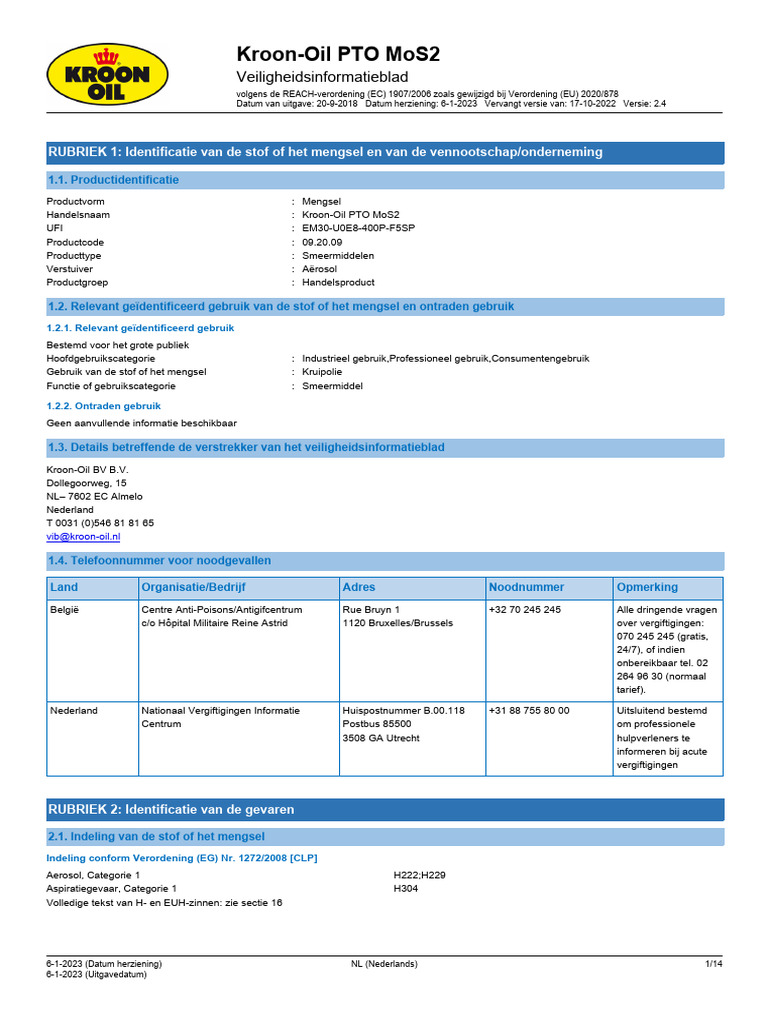 Kroon-Oil PTO MoS2-NL NL NL-205068 | PDF