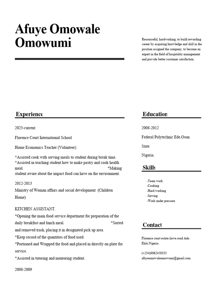 Omowale CV | PDF | Meal | Kitchen