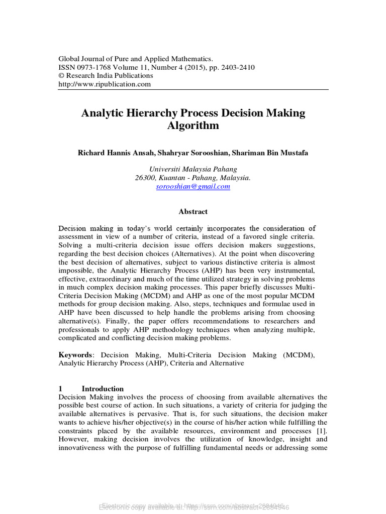 Analytic Hierarchy Process Decision Making Algorithm | PDF | Decision Making | Mathematical ...