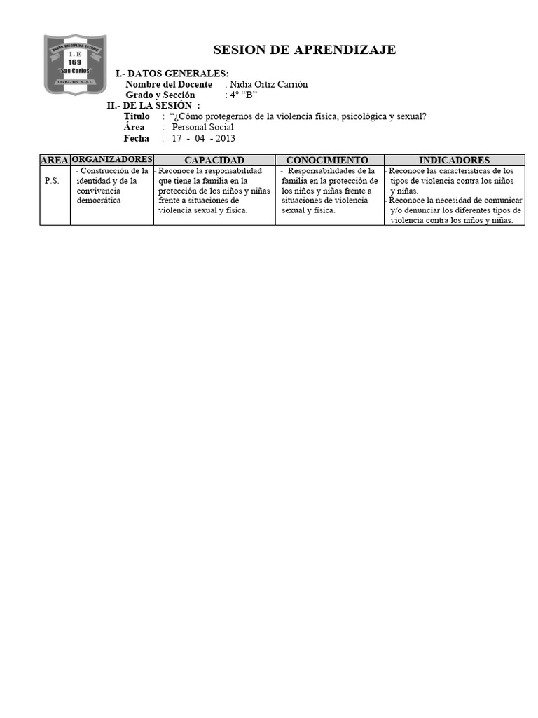 165280208 Sesion De Aprendizaje Nos Protegemos De La Violencia Pdf