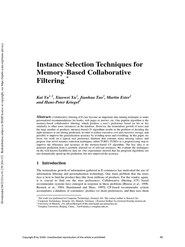 Instance Selection Techniques For Memory-Based Collaborative Filtering | PDF | Information ...