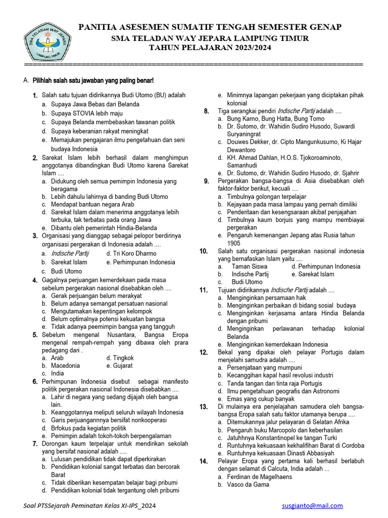 Soal PTS Sejarah Peminatan Genap XI 2024 Sus+Setor | PDF