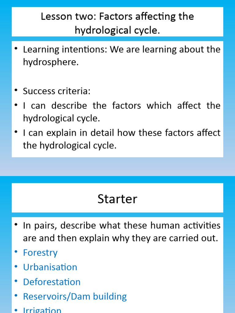 Factors Influencing the Hydrological Cycle | PDF | Surface Runoff | Water