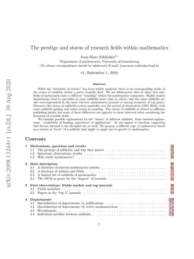 The Prestige and Status of Research Fields Within Mathematics | PDF | Mathematics | Field ...