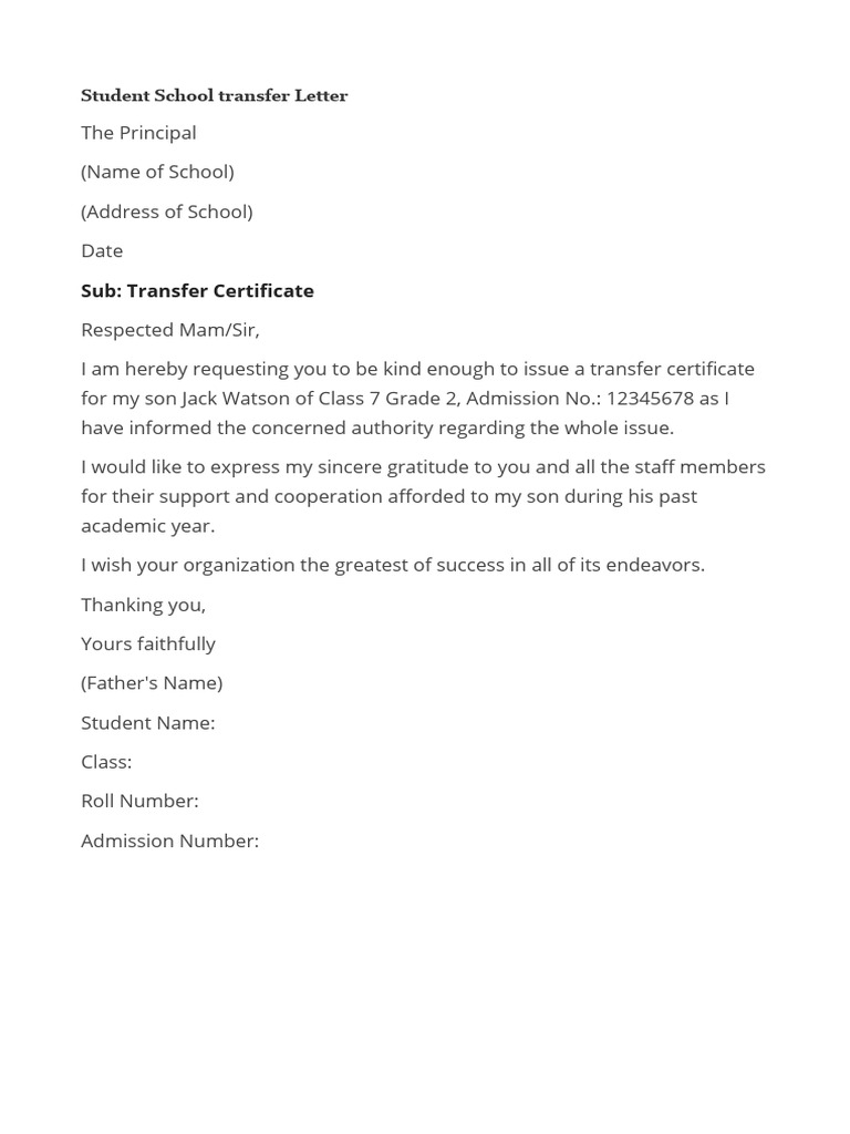 Student School Transfer Letter Template | PDF
