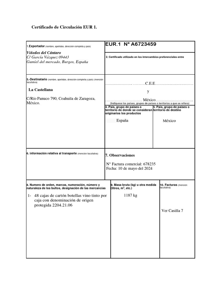 Certificado de Circulación EUR 1 | PDF