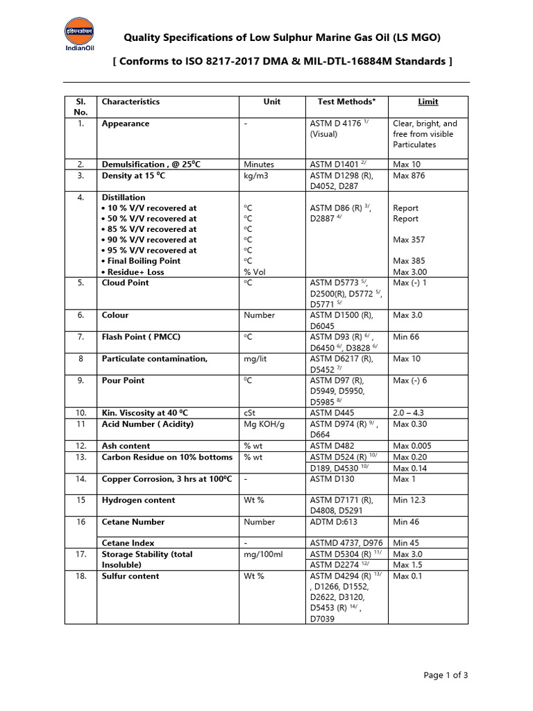 Low Sulphur Marine Gas Oil Specs | PDF | Emulsion | Fuel Oil