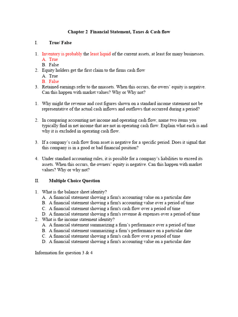 Chapter 2 Financial Statement, Taxes - Cash Flow - Student Version ...