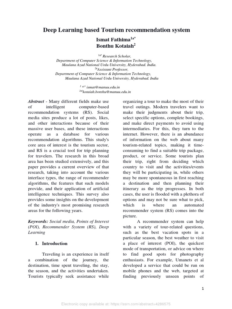 Deep Learning Based Tourism Recommendation System Pdf Deep Learning Information Technology