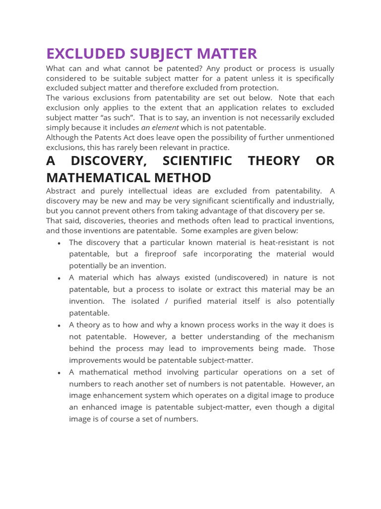 Excluded Subject Matter | PDF | Patent Infringement | Patent