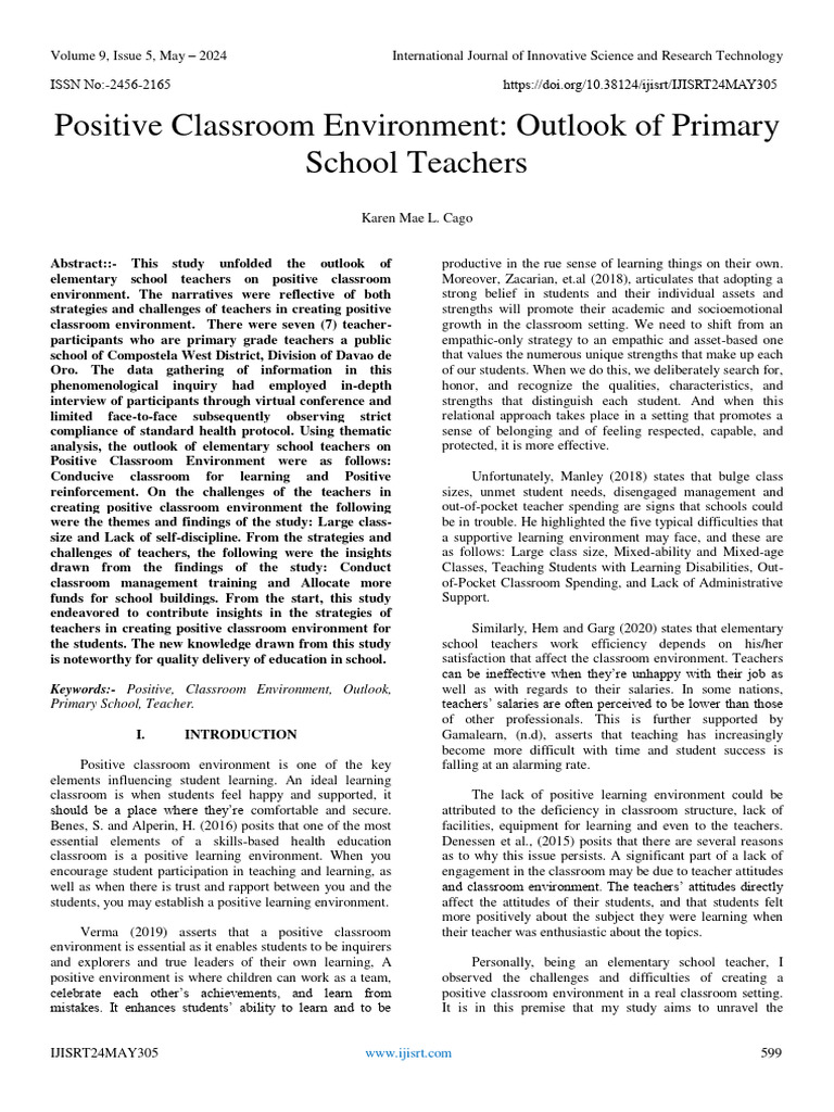 Positive Classroom Environment: Outlook of Primary School Teachers ...