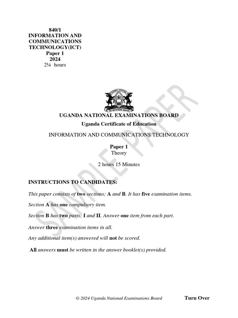 8401 Information and Communications Nology (ICT) UNEB Sample Paper New ...