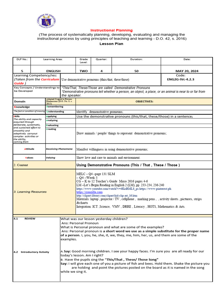 GELIEVILLA (ENG LESSON PLAN Grade2 | PDF | Learning | Lesson Plan