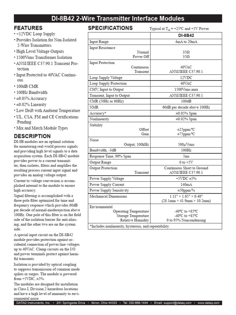 DI-8B42 2-Wire Transmitter Interface Modules: Features Specifications ...