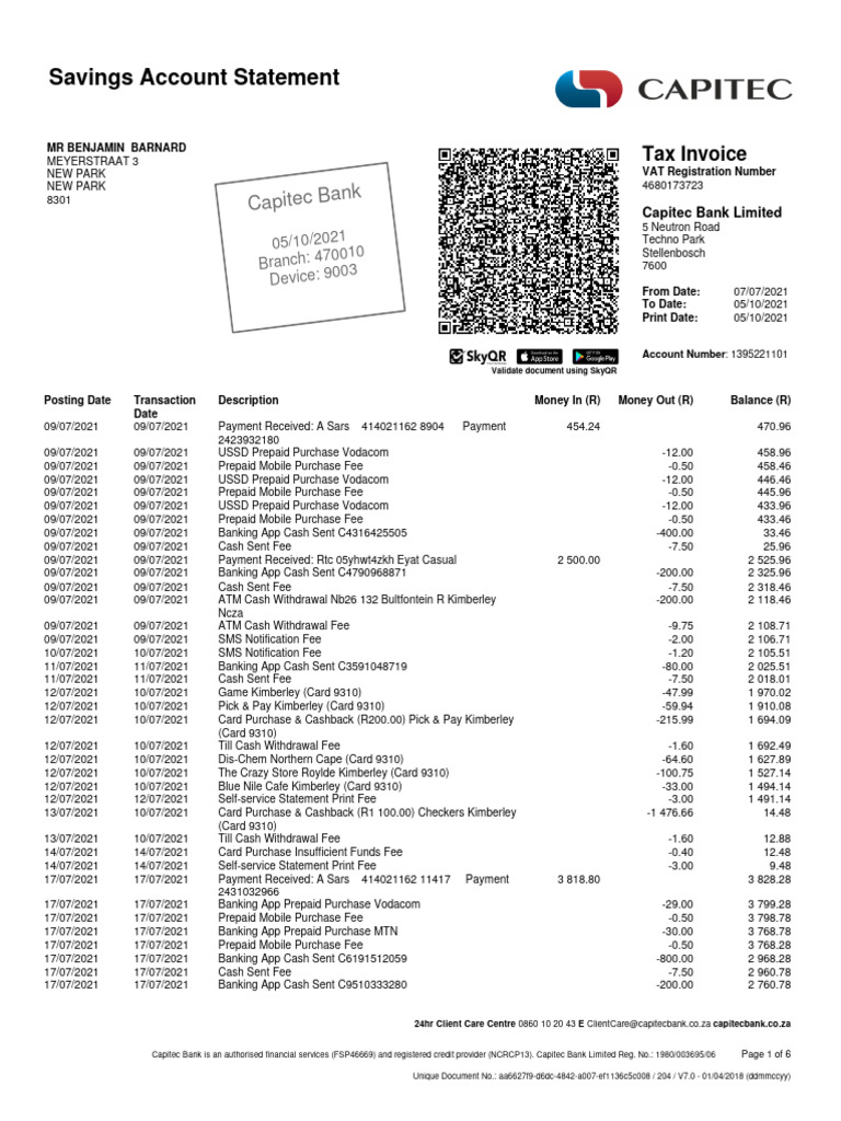 Savings Account Statement: Capitec B Ank | PDF | Automated Teller ...