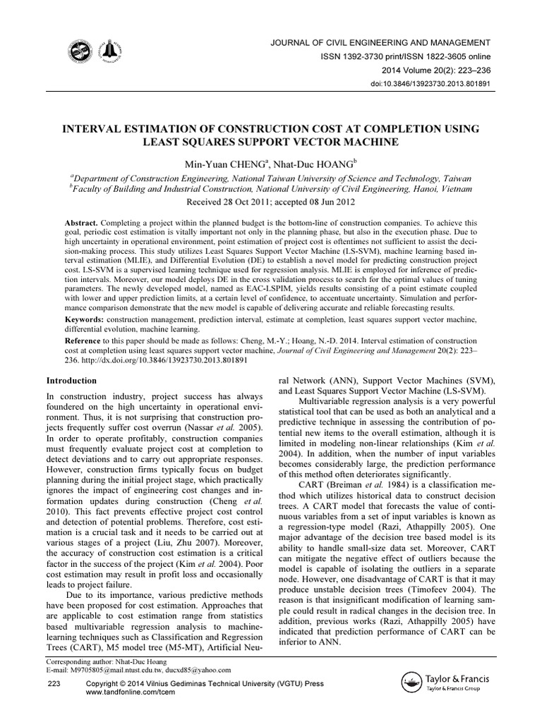 INTERVAL ESTIMATION OF CONSTRUCTION COST AT COMPLETION USING | PDF | Support Vector Machine ...