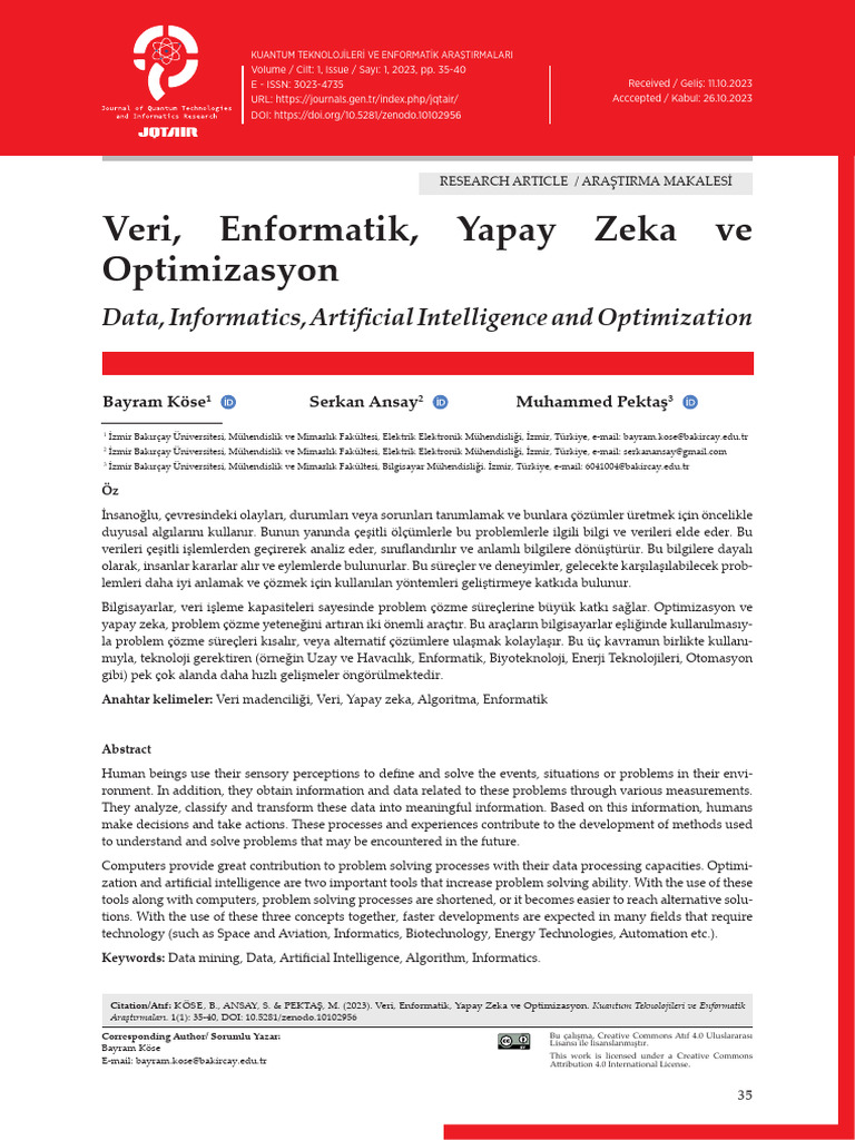 Veri, Enformatik, Yapay Zeka Ve Optimizasyon | PDF Veri, Enformatik, Yapay Zeka Ve Optimizasyon | PDF