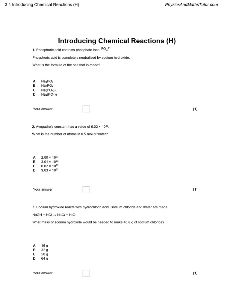 Chemical Reactions and Calculations Guide | PDF | Sodium Hydroxide ...