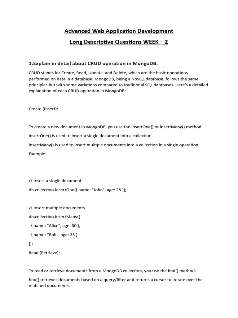 Advance Web Application Long Answer WEEK - 2 | PDF | Mongo Db | Databases