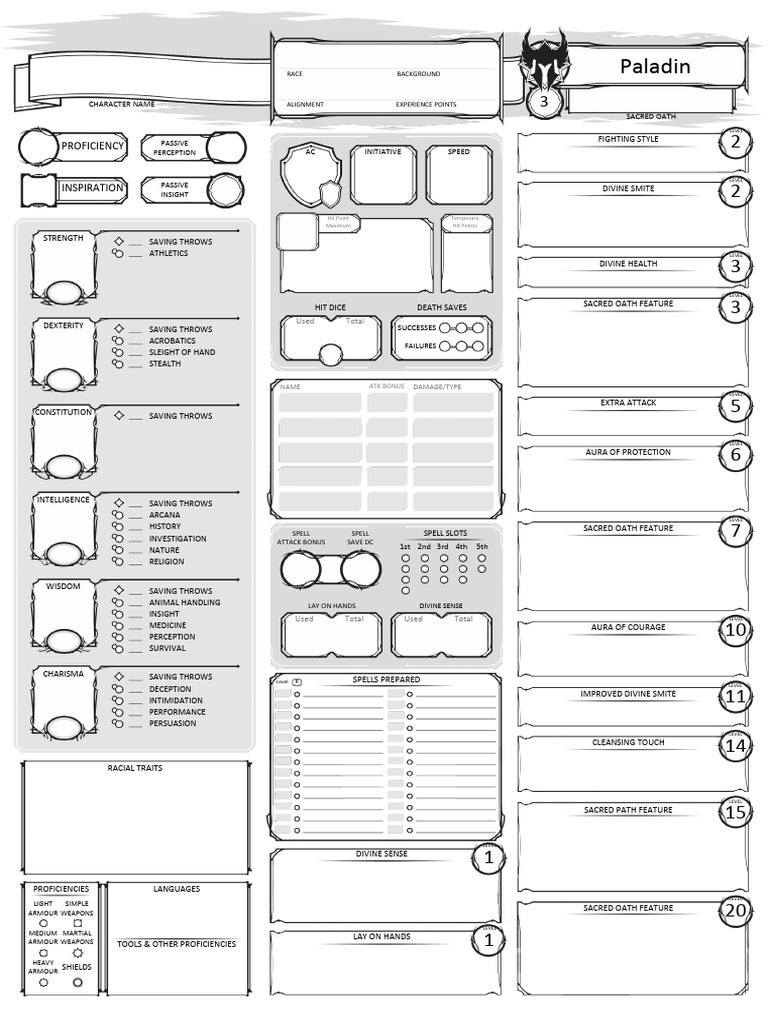 Paladin Character Sheet for 5E | PDF | Role Playing Games