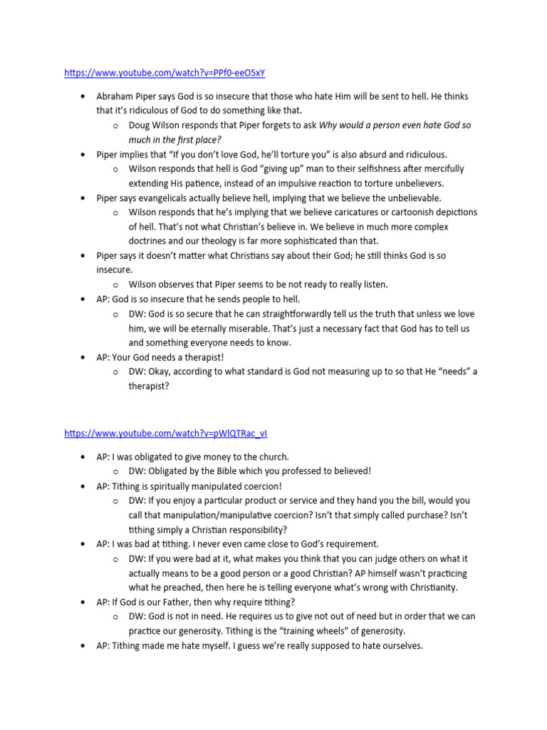 Abraham Piper Vs Doug Wilson (On Hell and On Tithing) - Summary | PDF ...