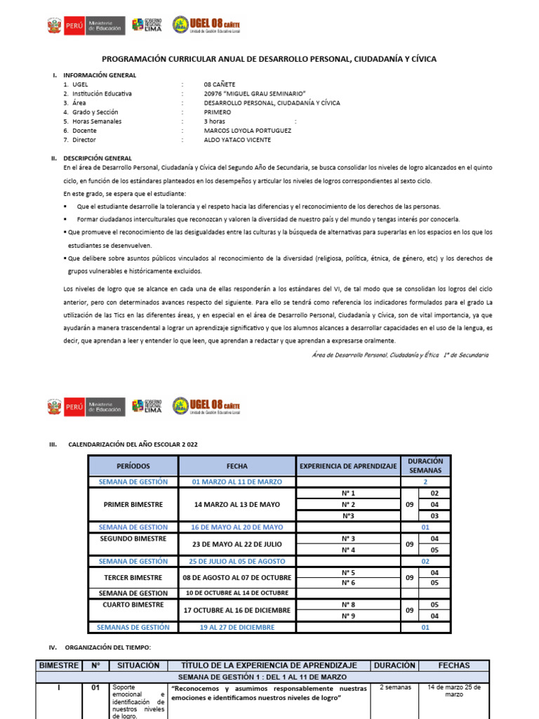 Programacion Anual DPCC Primero 2022 | Descargar gratis PDF | Aprendizaje | Enseñando