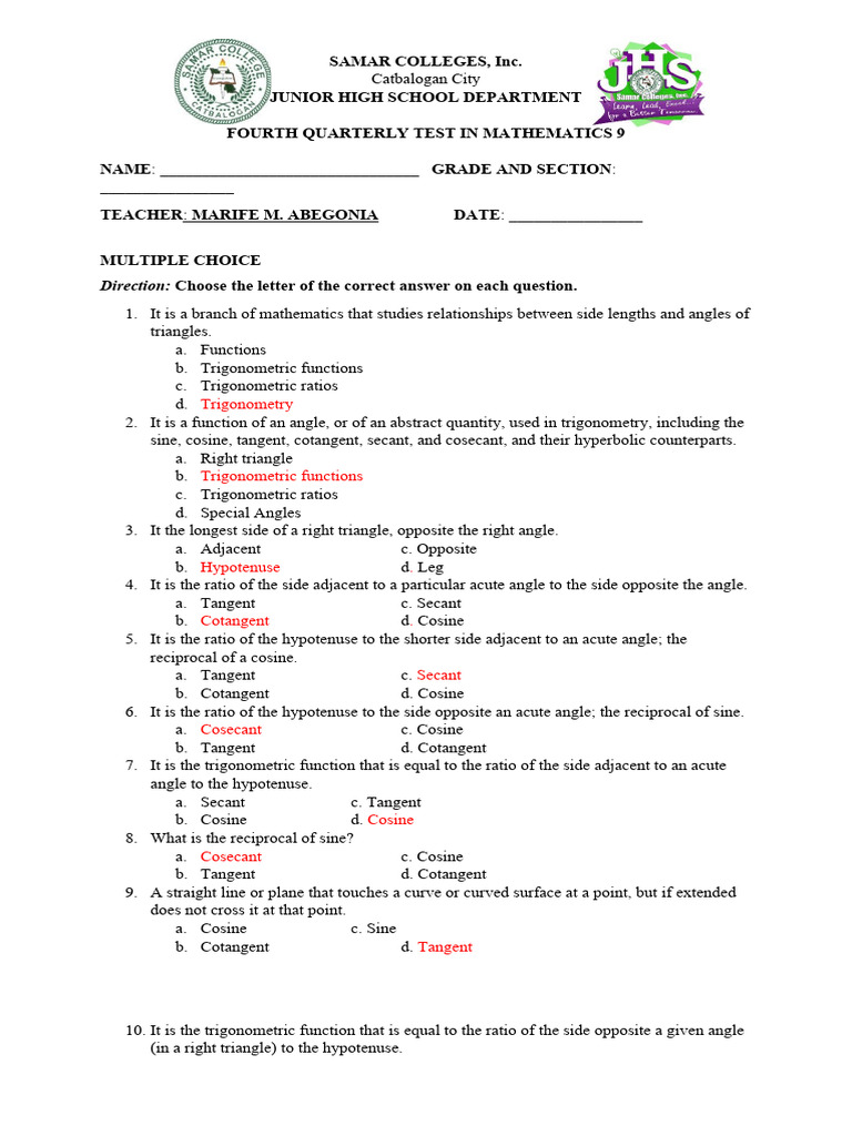 Math 9 4th Quarter Exam | PDF | Trigonometric Functions | Triangle