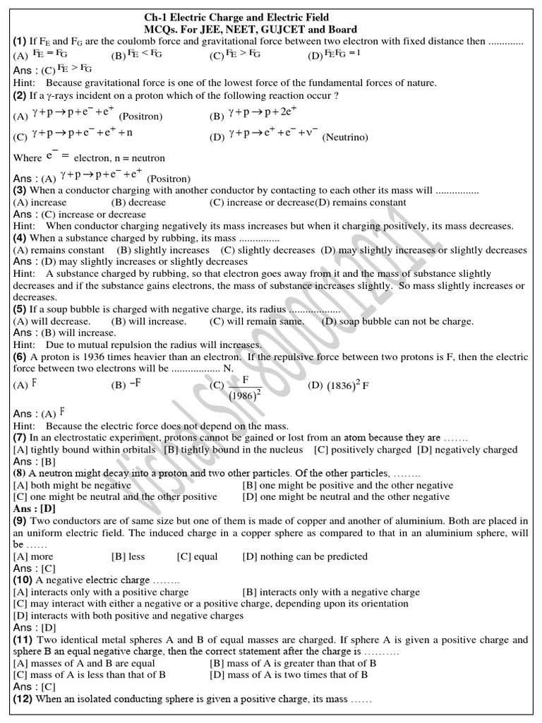 CH 1 Mcqs | PDF | Proton | Electric Charge