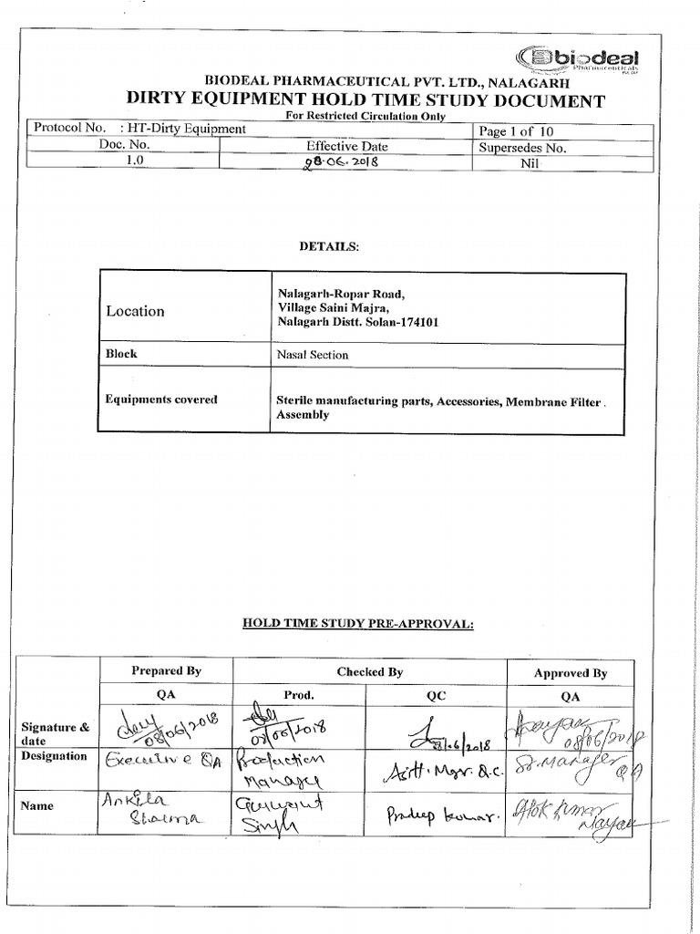 Dirty Equipment Hold Time Study | PDF