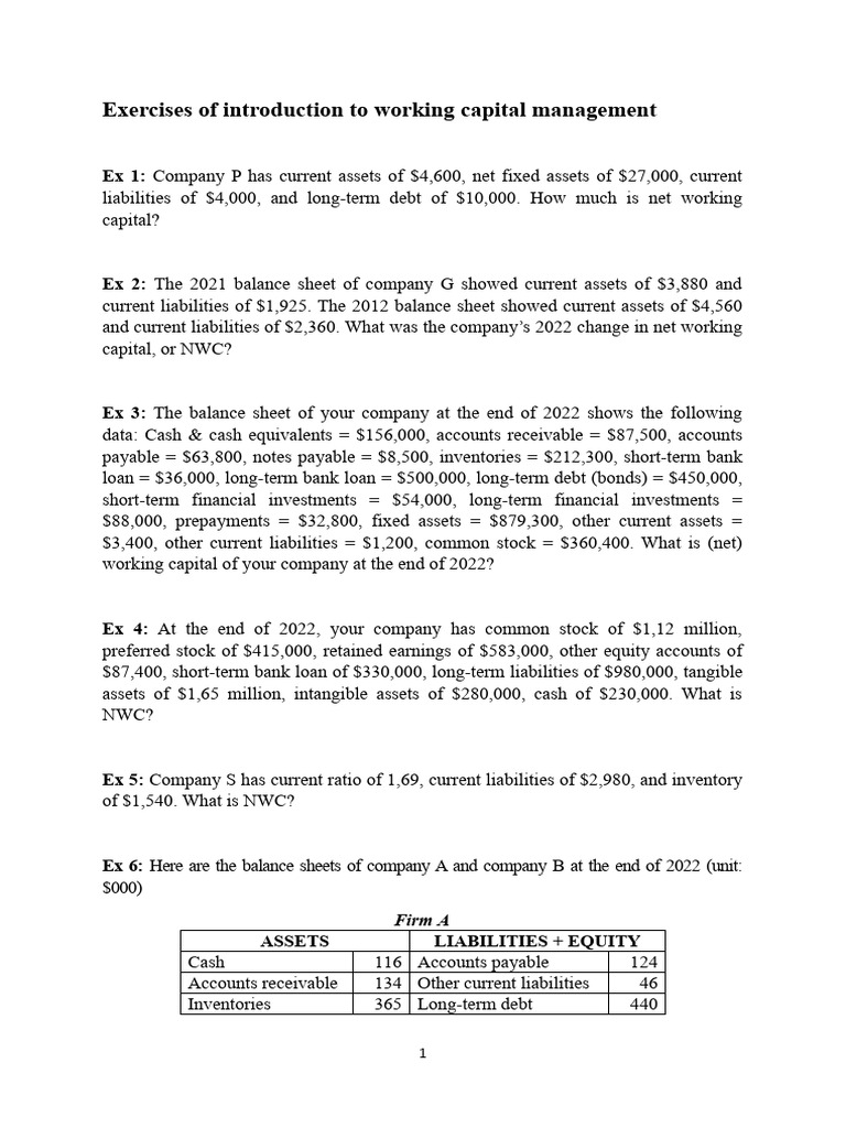 Exercises of Introduction To Working Capital Management | PDF | Balance ...