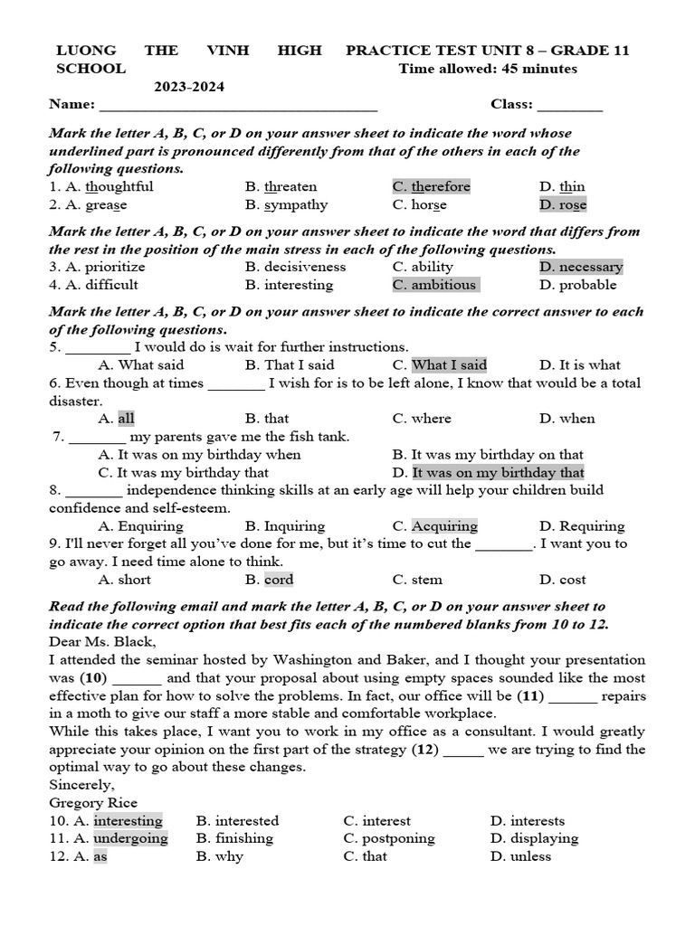 Unit 8 - Practice TEST - KEY | PDF | Grandparent | Apartment