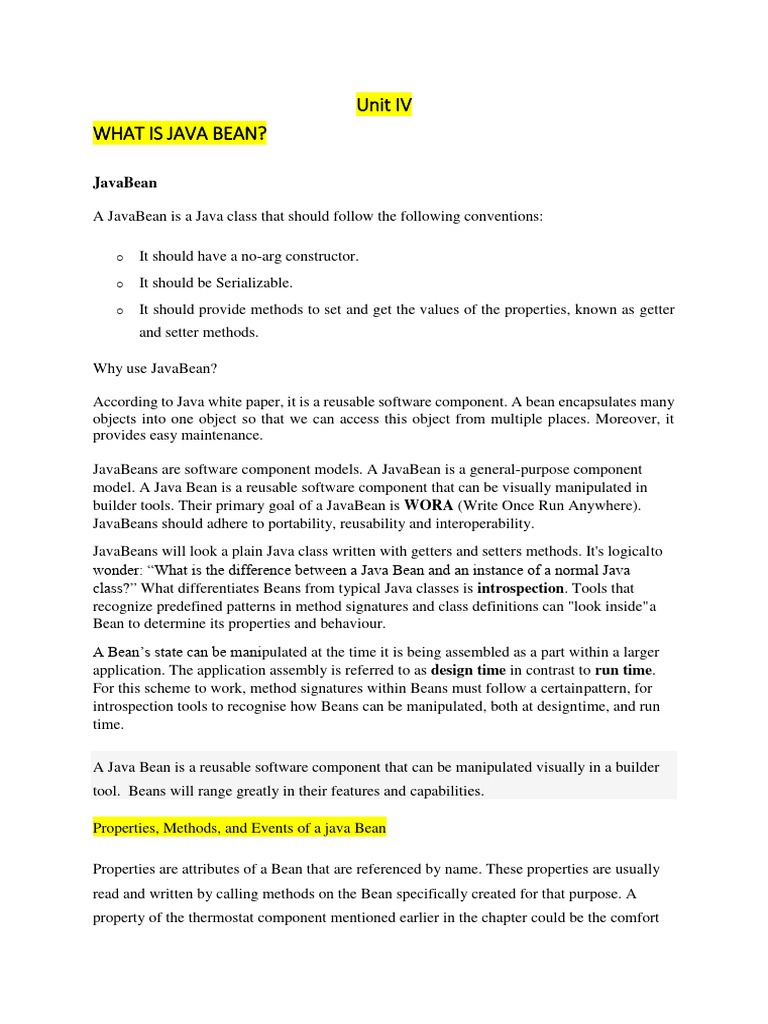 Understanding JavaBeans: Features & Benefits | PDF | Method (Computer Programming) | Databases