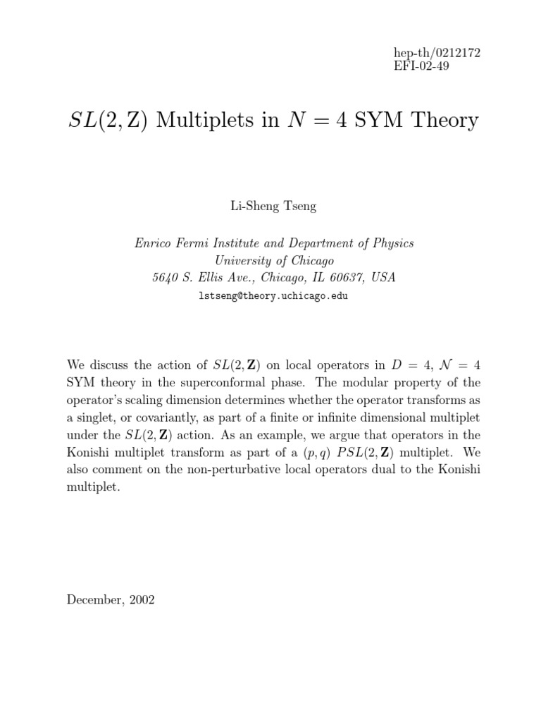 SL (2, Z) Multiplets in N 4 SYM Theory | PDF | Gauge Theory | Group (Mathematics)