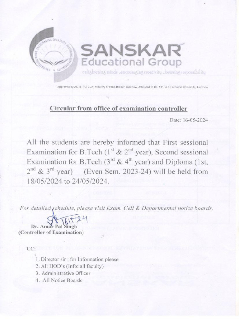 Sessional Date Sheets Even Sem 2023-24 | PDF