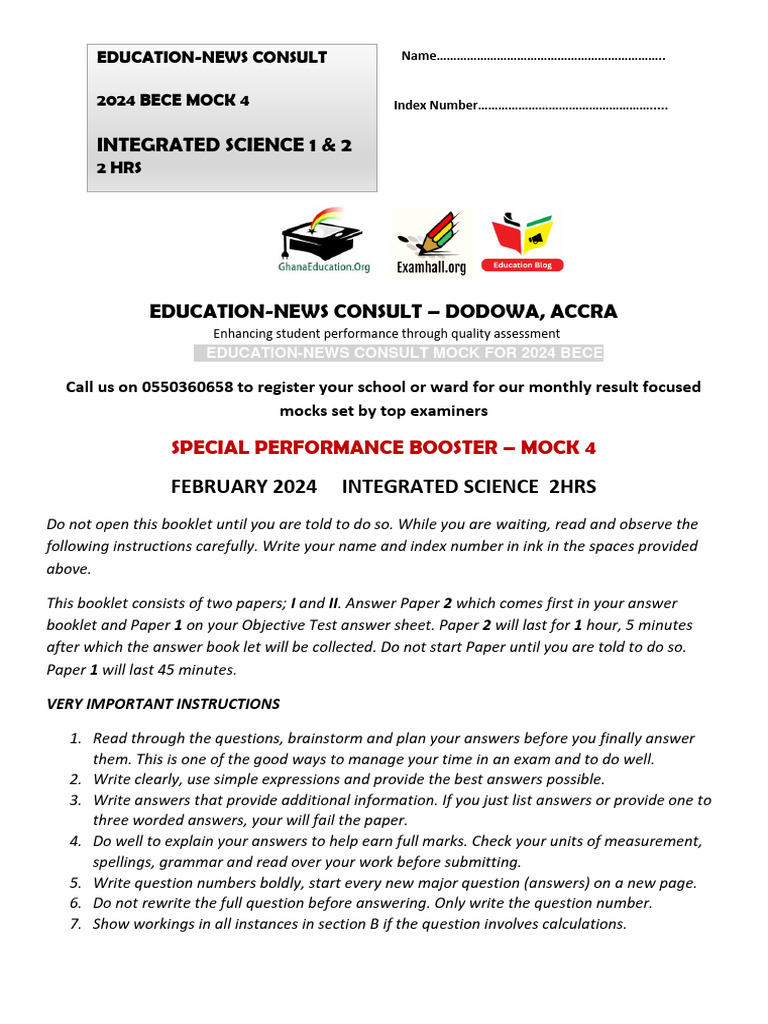 2024 BECE Integrated Science Mock Exam | PDF | Acid | Nitrogen