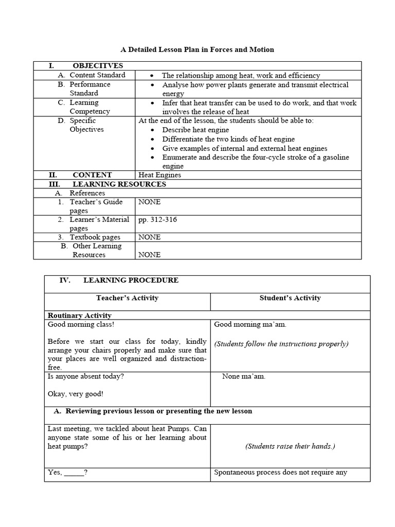 A Detailed Lesson Plan in Heat Engines | PDF | Engines | Internal Combustion Engine
