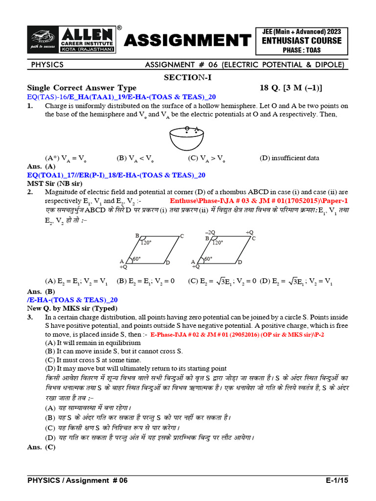 06 # Assignment (Electric Potential & Dipole) | PDF | Electric Field | Electrostatics