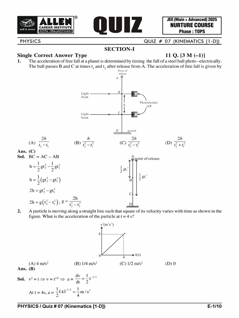 07 # Quiz (With Solution) - Kinematics (1-D) | PDF