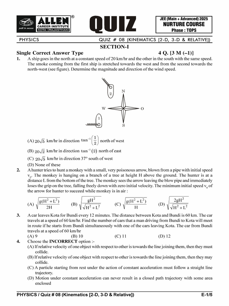 08 # Quiz (Eng) - Kinematics (2-D, 3-D & Relative) | PDF