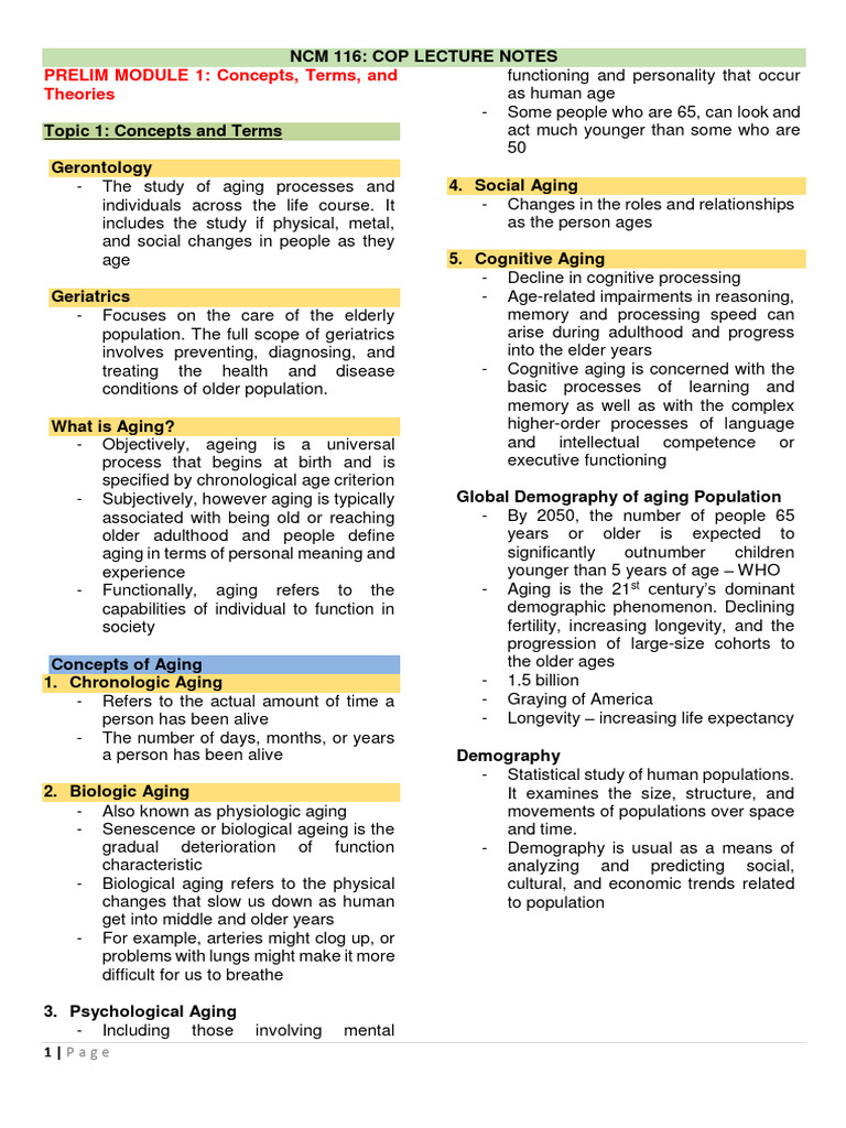 Ncm116 Cop Compiled Notes 1 | PDF | Ageing | Gerontological Nursing