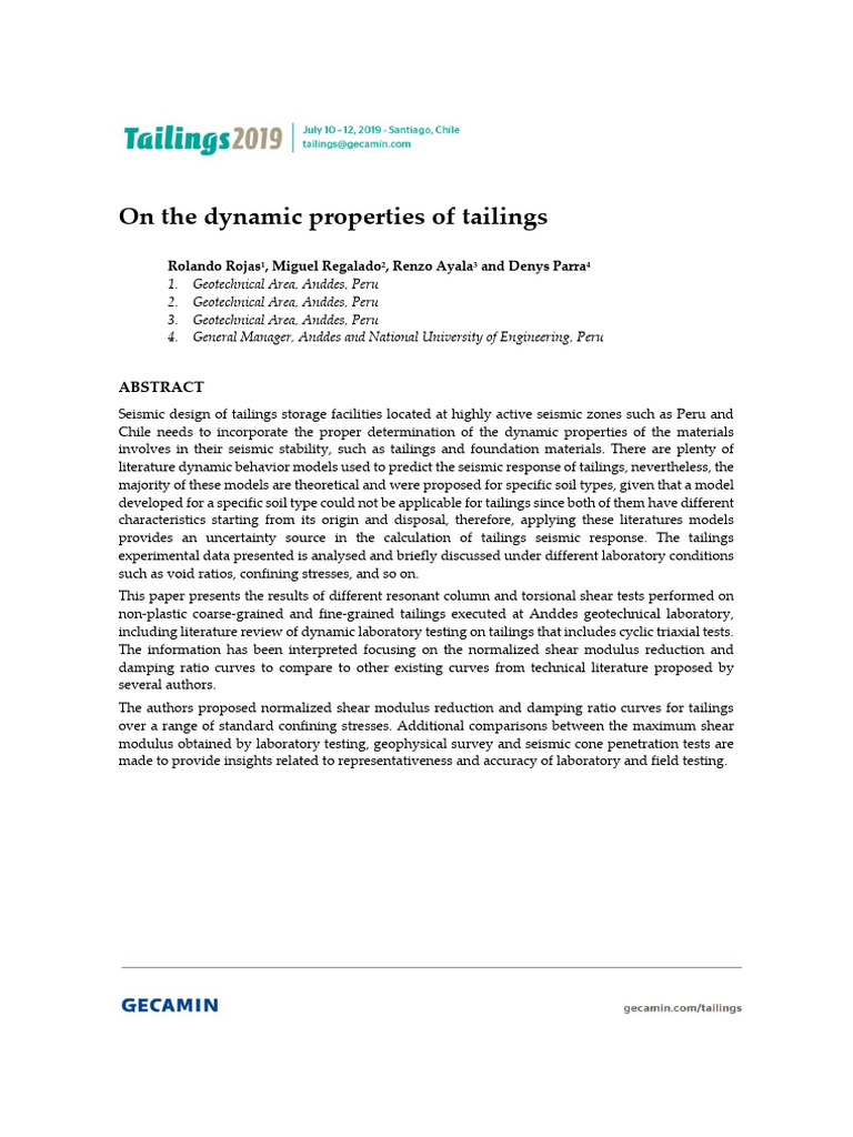 On The Dynamic Properties of Tailings (Rojas Et Al, 2019) | PDF | Young's Modulus | Geotechnical ...