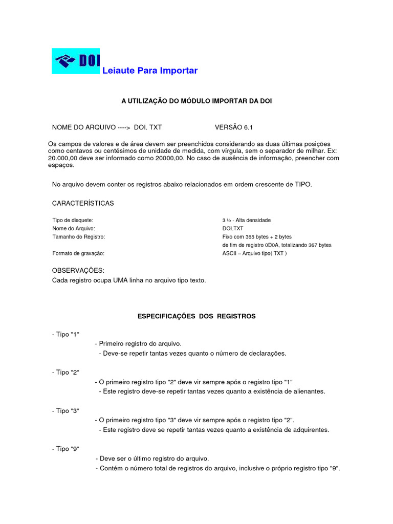 DOI - Layout para Importar | PDF | Arquivo de texto | Dados de computador