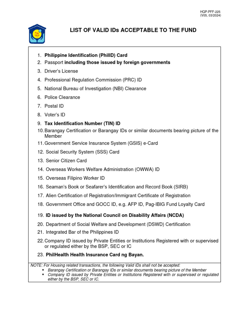 PFF225 ListValidIDsAcceptableFund V05 | PDF